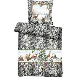 Apelt Bettw&auml;sche &raquo;Hugo&laquo; 2 Stk. Winterwelt mit exotischen Tieren und Leoprint-Umrandung schwarz Mako-Satin, Obermaterial: 100% Baumwolle B/L: 135cm x 