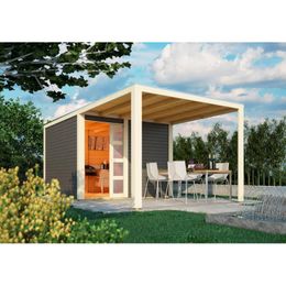 Karibu Gartenhaus &raquo;Quellsee 2&laquo; mit Anbaudach, naturbelassen oder terragrau grau Holzwerkstoff ohne Fu&szlig;boden