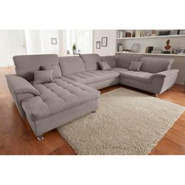 DOMO collection Wohnlandschaft &raquo;FRANZI optional mit Bettfunktion, Bettkasten & Kopfteilverstellung&laquo; U-Form, Recamiere links, taupe, B/T: 352/214 cm 