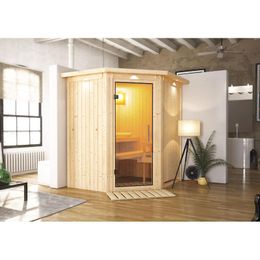 Karibu Sauna &raquo;&raquo;Liyah&laquo; mit Klarglast&uuml;r und Dachkranz&laquo; in verschiedenen Ausf&uuml;hrungen erh&auml;ltlich beige ohne Ofen, ohne Steuerung, (ohne Ofen)