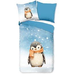 Good Morning Kinderbettw&auml;sche &raquo;Pingi&laquo; 2 Stk. Flanell, Biber, 135x200, Winter, Warm, Wende, Kind, Pinguin, Schnee blau Flanell, Obermaterial: 100% 