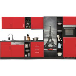 KOCHSTATION K&uuml;chenzeile &raquo;KS-Paris &ndash; K&uuml;chen mit einzigartigen Fotomotiven auf den Fronten&laquo; Breite 350 cm, wahlweise mit E-Ger&auml;ten und Induktion rot B/H
