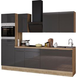 KOCHSTATION K&uuml;chenzeile &raquo;KS-Aken&laquo; Breite 270 cm, wahlweise mit E-Ger&auml;ten, mit Arbeitsplatte 38 mm stark grau B/H/T: 270cm x 212cm x 60cm, ohne E-