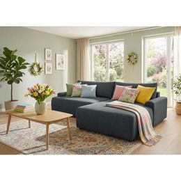 Trendmanufaktur Ecksofa &raquo;Prag, Schlafsofa mit Bettkasten, Couch in L-Form, Breite 253 cm&laquo; in feinem Strukturstoff, anthrazit, Recamiere rechts grau 95