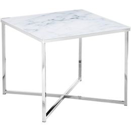 Salesfever Beistelltisch &raquo;Caorle Stilvoller Tisch&laquo; Elegante Tischplatte in edler Marmoroptik wei&szlig; B/H/T: 50cm x 42cm x 50cm, Wei&szlig;/Chrom