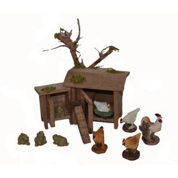 Krippen-Zubeh&ouml;r &raquo;H&uuml;hner- mit Hasenstall inkl. H&uuml;hner und Hasen, Weihnachtsdeko&laquo; braun Holzwerkstoff, Polyresin (Kunststein) B/H/T: 17cm x 8cm x 12cm