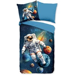 PURE luxury collection Kinderbettw&auml;sche &raquo;Saros&laquo; 2 Stk. Mikrofaser, 135x200, 2 Teilig, Wendeoptik, Kind, Weltall, Astronaut blau Microfaser, 