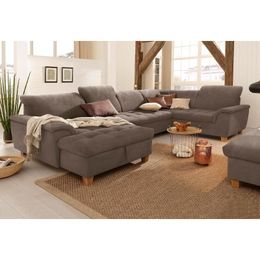 Home Affaire Wohnlandschaft &raquo;Lyla U-Form&laquo; wahlweise mit R&uuml;ckenfunktion und zus&auml;tzlich mit Bett + Bettkasten braun Feinstruktur weich (100% Polyester);