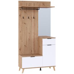 Garderobe, Wei&szlig;, Eiche Artisan, Glas, Holzwerkstoff, 100x202x40 cm, Garderobe, Garderoben-Set & Garderoben-Serien, Garderoben-Sets