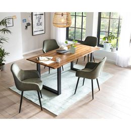 Salesfever Essgruppe &raquo;- stilvolles Design&laquo; Set, 5 Stk. tlg. 5-teiliges Set mit authentischer Baumkanten-Tischplatte gr&uuml;n Massivholz, Metall, Polyester