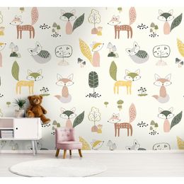 Livingwalls living walls Fototapete &raquo;Bunte Kinderzimmertapete mit Waldtieren&laquo; gemustert matt neutral glatt Waldtapete Fototapete Tapeten Kinderzimmer Schlafzimmer