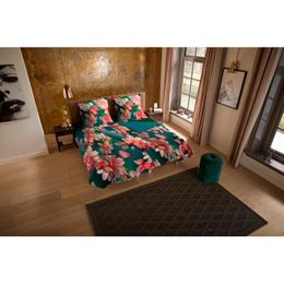 PURE luxury collection Wendebettw&auml;sche &raquo;Yeya&laquo; 2 Stk. Mikrofaser, 135x200, Pflegeleicht Rei&szlig;verschluss, Wende, Blumen Petrol blau Microfaser, 