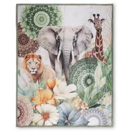 HIP Plaid &raquo;Sagadar&laquo; Weich, Kuscheldecke, 130x160 cm, Wendeoptik, Mandala, Safari, Tiere gr&uuml;n Mircofaser B/L: 130cm x 160cm