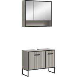 Welltime Badezimmer-Set &raquo;LOCRI, 2-tlg. Badkombination, Breite 80 cm, Rillenoptik, Metallkufen&laquo; bestehend aus: Waschbeckeunterschrank & Spiegelschrank,