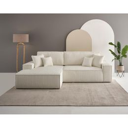 OTTO home Ecksofa &raquo;FINNLEY Cord, L-Form 257 cm, Schlafsofa&laquo; mit Bettkasten, in Boucl&eacute;, Struktur fein und Mega Cord beige Bezugstoff 100% PES !;