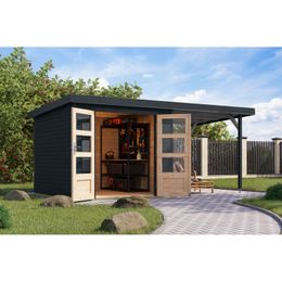 Karibu Gartenhaus &raquo;Jupiterino 3,5 SET, in verschiedenen Farben&laquo; inkl. Anbaudach schwarz Massivholz ohne Fu&szlig;boden, Blechdach