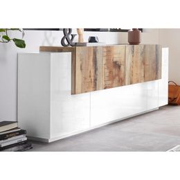 Home Affaire Sideboard &raquo;Coro, Kommode, Schrank, Kredenz, grifflos mit Einlegeb&ouml;den&laquo; 1 Klappe, 6 T&uuml;ren, Doppeltiefe, B/T/H 200x86x45cm wei&szlig; B/H/T: 