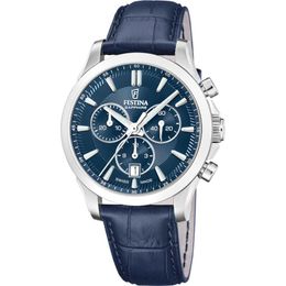 Festina Herren Chronograph &raquo;Chrono&laquo; Quarzuhr, Armbanduhr, Herrenuhr, Swiss Made, Lederarmband, analog, Tag blau Einheitsgr&ouml;&szlig;e