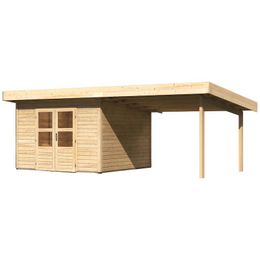 Karibu Gartenhaus &raquo;Perlsee 3&laquo; mit Anbaudach beige Holzwerkstoff ohne Fu&szlig;boden, ohne Dacheindeckung