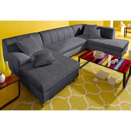 DOMO collection Wohnlandschaft &raquo;TURAH 297x195x75 cm, moderne Steppung&laquo; whlw. mit Bettfunktion, U-Form schwarz Microfaser PRIMABELLE (100% Polyester);
