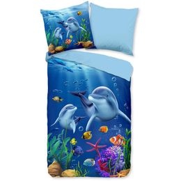 PURE luxury collection Kinderbettw&auml;sche &raquo;Mare&laquo; 2 Stk. Mikrofaser, 135x200, Pflegeleicht, Wendeoptik, Kind, Delfin Meer, Blau blau Microfaser, 