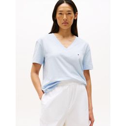 Tommy Hilfiger Damen T-Shirt &raquo;SLUB CROP V-NK SS&laquo; mit offener Kante, mit Logostickerei blau XS (34)