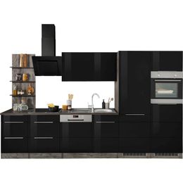 KOCHSTATION K&uuml;chenzeile &raquo;KS-Brindisi Breite 340 cm&laquo; wahlweise mit E-Ger&auml;ten und Induktion, mit MDF-Fronten und Regal schwarz B/H/T: 340cm x 200cm x 