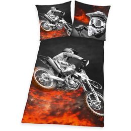 Herding's Young Collection Jugendbettw&auml;sche &raquo;Motorcross&laquo; 2 Stk. mit Motocrossrad schwarz Microfaser, Obermaterial: 100% Polyester B/L: 135cm x 200cm, 1 Stk., 1 Stk., Microfaser,