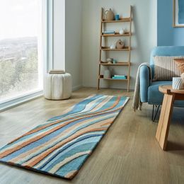FLAIR RUGS Wollteppich &raquo;Abstract Flow handgetuftet&laquo; rechteckig 10 mm H&ouml;he Wolle, Teppich, Wohnzimmer, Schlafzimmer, Esszimmer blau Wolle B : 60cm 1 