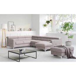 COTTA Wohnlandschaft &raquo;Sammy U-Form, B: 304 cm&laquo; Kopfteilverstellung, optional Schlaffunktion & Bettkasten grau NaturLEDER , die R&uuml;ckseite ist mit 