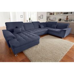 DOMO collection Wohnlandschaft &raquo;FRANZI optional mit Bettfunktion, Bettkasten & Kopfteilverstellung&laquo; U-Form, Recamiere links, marine, B/T: 352/214 cm 