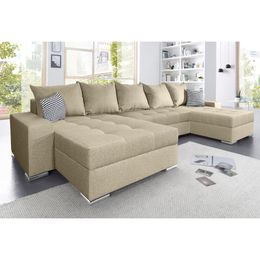 Collection AB Wohnlandschaft &raquo;Josy XXL U-Form, B: 333 cm, mit 2 Recamieren 77 & 97 cm&laquo; Schlaffunktion, Bettkasten & 2 Zierkissen, Federkern beige 100%