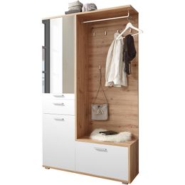 HBZ-MEBLE HBZ Kompaktgarderobe &raquo;Entra Garderobe, BxHxT 117x198x38 cm&laquo; 3 Stk. tlg. mit Spiegel und Schubkasten wei&szlig; Holzwerkstoff artisan eiche, B/H/T: 117cm x 