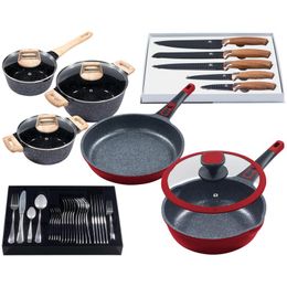 King Pfannen-Set &raquo;Moonscape&laquo; Aluminiumguss Set, 11 Stk. tlg. Induktion, (T&ouml;pfe+Glasdeckel, Pfannen+Deckel,Messer,Besteckset) rot Einheitsgr&ouml;&szlig;e