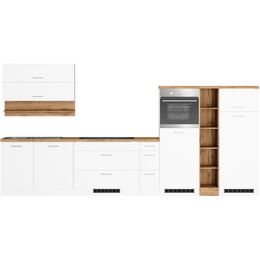 KOCHSTATION K&uuml;chenzeile &raquo;KS-Milan, optional mit Muldenl&uuml;fter&laquo; Breite 390 cm, wahlweise mit E-Ger&auml;ten, Kochfeld mit Dunstabzug wei&szlig; B/H/T: 390cm x 