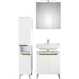 Badm&ouml;bel-Set &raquo;Quickset 3-teilig, Waschbeckenunterschrank mit LED-Spiegelschrank&laquo; 7 Stk. tlg. wei&szlig; Glas, Holzwerkstoff B/H/T: 95cmcm x 33cmcm