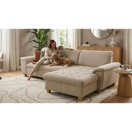 OTTO home Ecksofa &raquo;Egedal 279 x 170 cm, auch mit Schlaffunktion & Bettkasten, Holzf&uuml;&szlig;e&laquo; Kopfteile verstellbar, L-Form, aus Pet Friendly Cord beige 90%