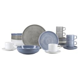 Creatable Kombiservice &raquo;Session, Service, 30-tlg.&laquo; Teller ohne Fahne mit gro&szlig;em Spiegel, Elegantes Rillenrelief blau Porzellan 30