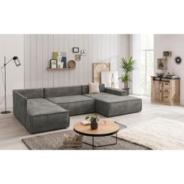 OTTO home Wohnlandschaft &raquo;SHERWOOD Vintage Lederoptik U-Form, 329 cm&laquo; Schlaffunktion m. Bettkasten (194x139 cm), Cord, Vintage, Samtvelours grau 100% 