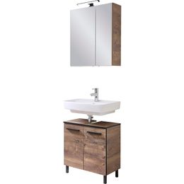 Badm&ouml;bel-Set &raquo;Quickset 374 Waschbeckenunterschrank mit LED-Spiegelschrank&laquo; 4 Stk. tlg. braun Holzwerkstoff B/H/T: 60cmcm x 200cmcm x 33cmcm