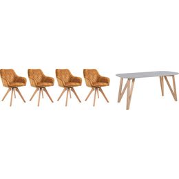 Salesfever Essgruppe &raquo;Eleganter Tisch inkl. St&uuml;hle&laquo; 5-teilige Samtverlours-Sitzgruppe, drehbare St&uuml;hle, 180cm Tischbreite wei&szlig; MDF, Massivholz, 