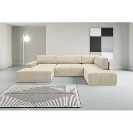 WERK2 Wohnlandschaft &raquo;Rotterdam, U-Form, in kuschelweichem Cord oder Breitcord. Breite 329cm&laquo; Design Sofa mit Schlaffunktion & Bettkasten, Cord, Natur