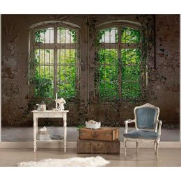 Livingwalls living walls Fototapete &raquo;Old Windows Vlies&laquo; glatt Fototapete Fenster mit Pflanzen Beige Grau Gr&uuml;n 3,50 m x 2,55 m bunt Vlies B/L: 3,5m x 2,55m
