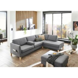 ATLANTIC HOME COLLECTION Ecksofa &raquo;Mailo L-Form&laquo; mit Seitentaschen und Ottomane, mit Massivholzf&uuml;&szlig;en grau B/H/T: 255cm x 82cm, Feinstruktur, Ottomane 