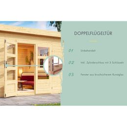 Karibu Gartenhaus &raquo;Schlo&szlig;see 5&laquo; mit Anbaudach und R&uuml;ckwand beige Holzwerkstoff ohne Fu&szlig;boden, R&uuml;ckwand, ohne Dacheindeckung