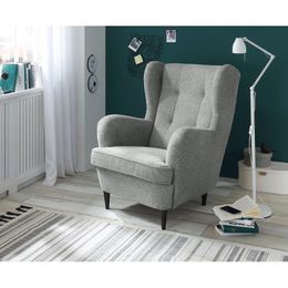 ED EXCITING DESIGN Ohrensessel &raquo;Oskar&laquo; mit Massivholzf&uuml;&szlig;en grau 100% Polyester Webstoff, B/H/T: 78cm x 102cm x 98cm