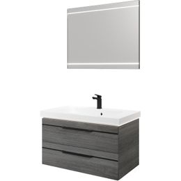 Badm&ouml;bel-Set &raquo;Balto 2-teilig Mineralmarmor-Waschtisch mit LED-Spiegel, Waschplatz&laquo; 2 Stk. tlg. grau Holzwerkstoff B/H/T: 92cmcm x 200cmcm x 50,8cmcm,