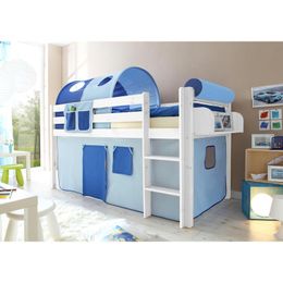 Ticaa Hochbett &raquo;Malte&laquo; mit Rollrost und in verschiedenen Ausf&uuml;hrungen wahlweise mit Matratze blau Mit Vorhang, Tunnel und Tasche, Liegefl&auml;che B/L: 90cm x 