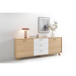 ByLiving Sideboard &raquo;Bastian&laquo; 1 Stk. tlg. mit massiven Holzf&uuml;&szlig;en und Griffen, nat&uuml;rlicher Eichenlook, 180cm B/H/T: 180cm x 72,5cm x 36,5cm, 3 Stk., 2 