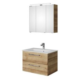 Badm&ouml;bel-Set &raquo;Trentino 2-tlg Mineralmarmor-Waschtisch,Spiegelschrank mit LED-Leuchte&laquo; 3 Stk. tlg. braun Einheitsgr&ouml;&szlig;e